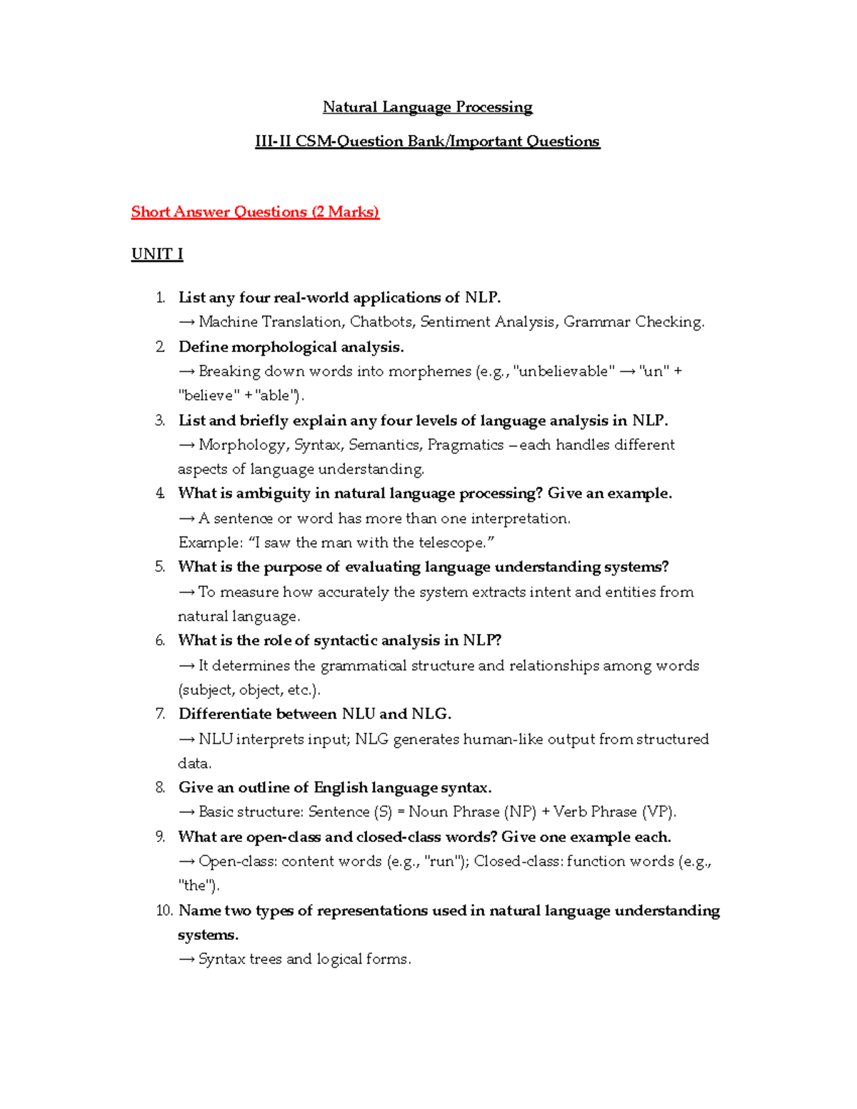 3-2 CSM-NLP Question Bank: Key Concepts & Important Questions - Studocu
