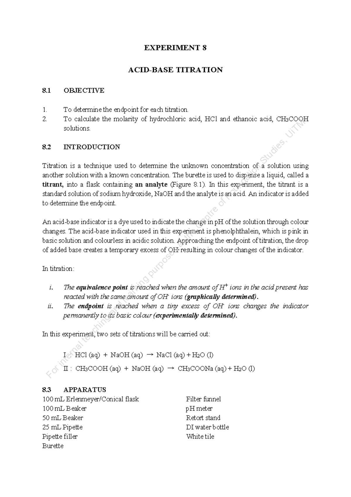 8. EXP 8 - ACID BASE Titration: Determining Molarity of HCl & CH3COOH ...