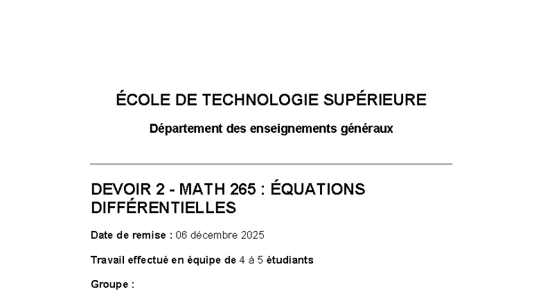 MATH 265 Devoir 2: Équations Différentielles - Automne 2025 - Studocu