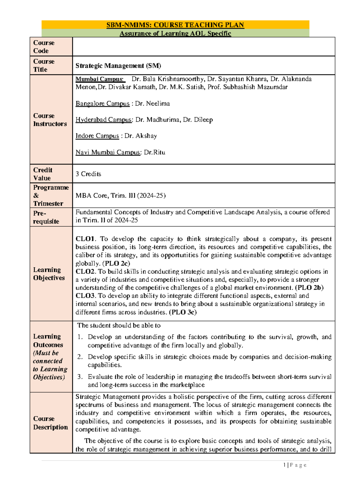 Strategic Management Course Teaching Plan (SM) - Assurance of Learning ...