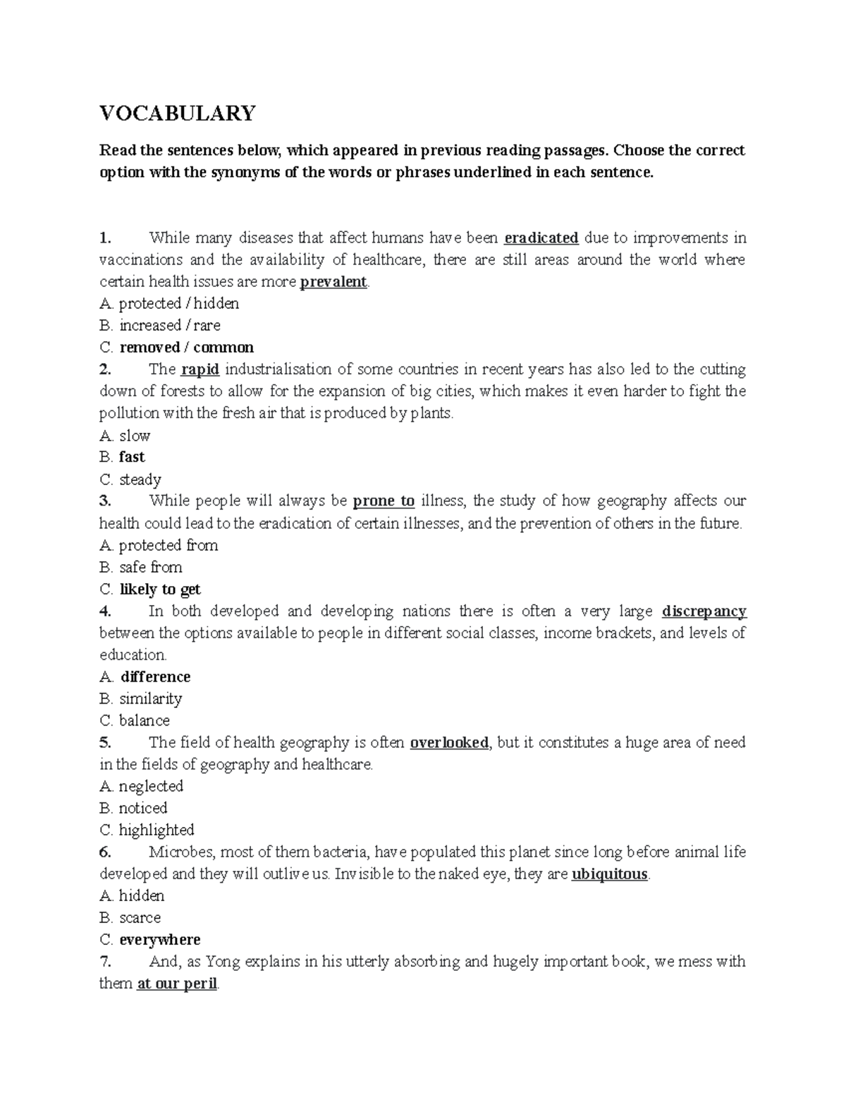 Health Readings - Vocabulary and Comprehension Exercises - Studocu