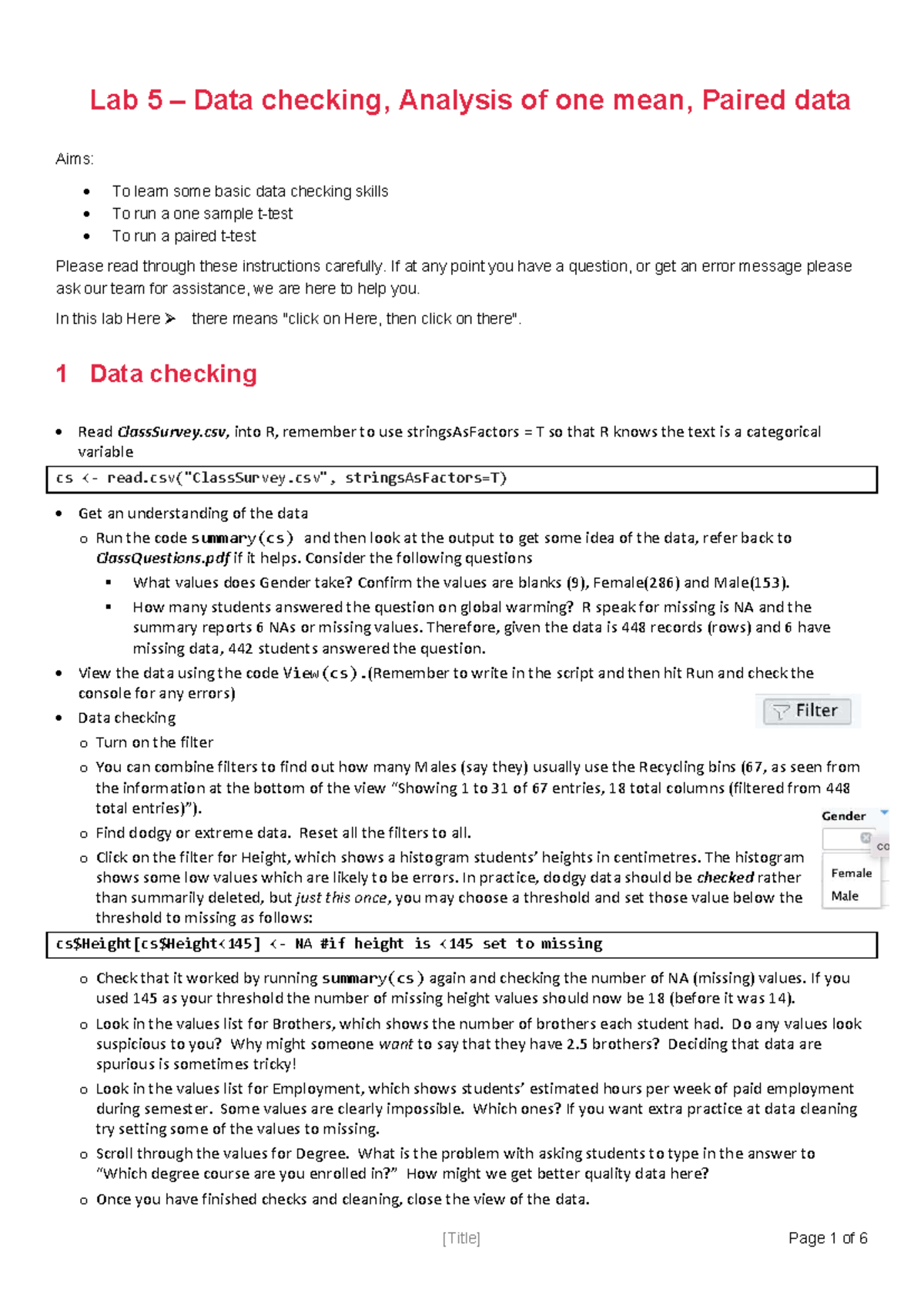 Lab 5: Data Checking & Analysis of One Mean and Paired Data (MAS183 ...