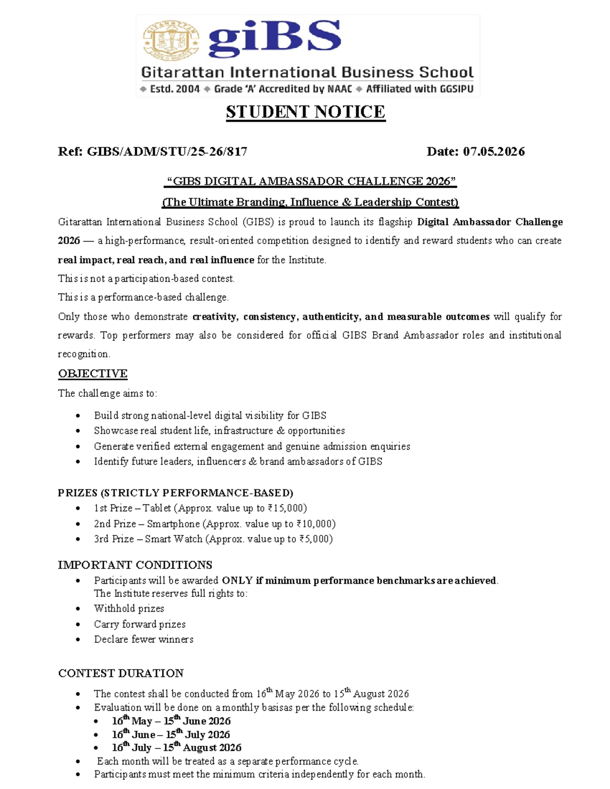 817 - GIBS Digital Ambassador Challenge 2026: Student Notice - Studocu