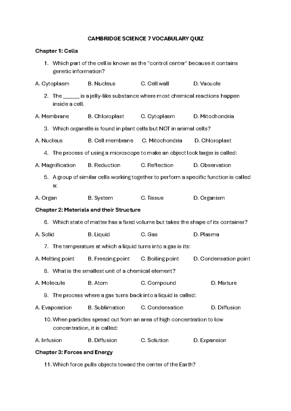 Cambridge Science 7 Vocabulary Quiz: Chapters 1-9 Overview - Studocu