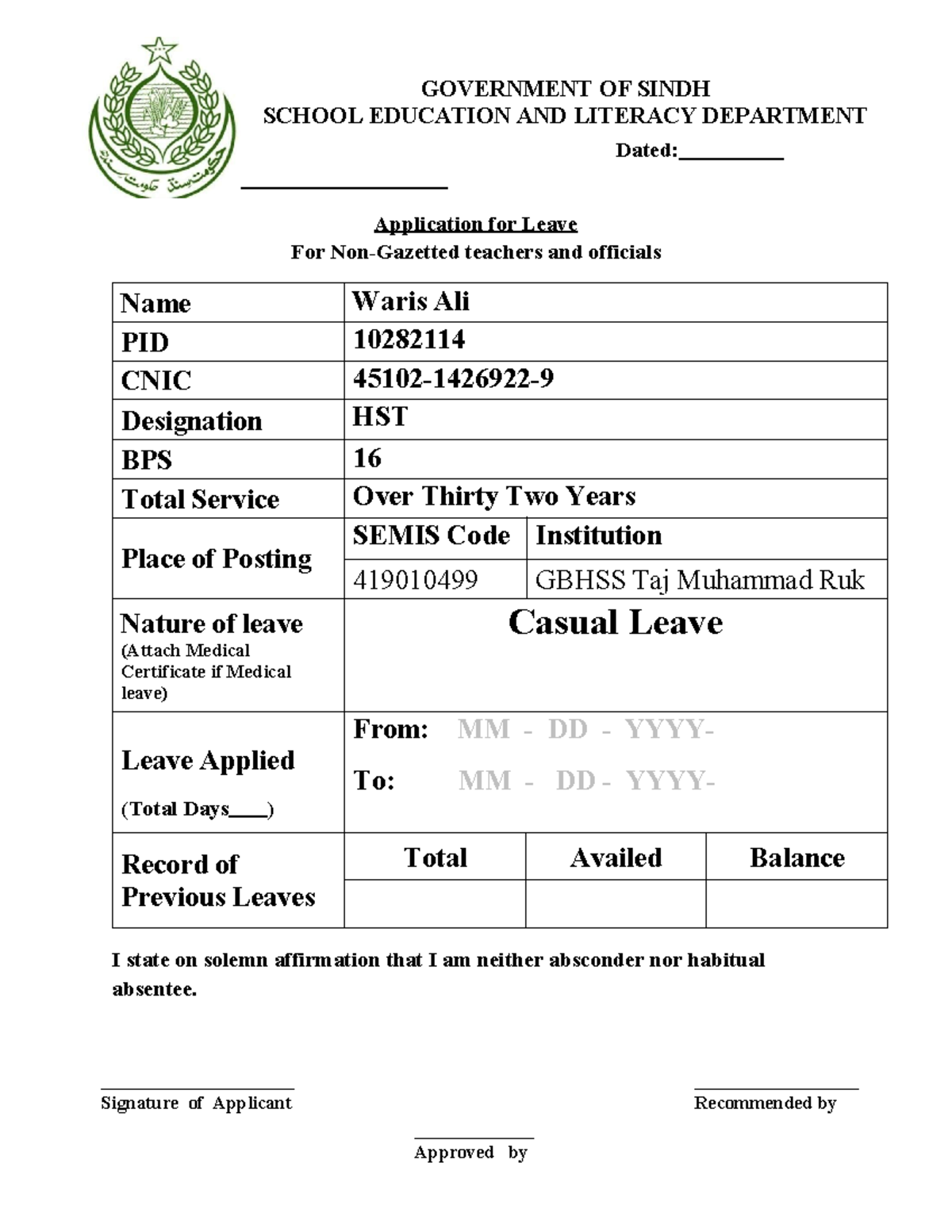 Waris ali Leave proforma - Dated: Application for Leave For Non ...