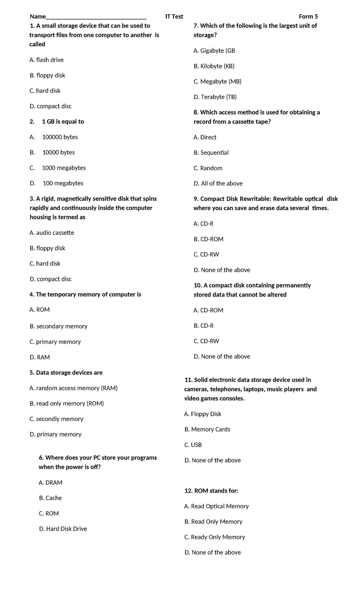 IT Test Form 5: 5 Data Storage MC Quiz - Multiple Choice Questions ...