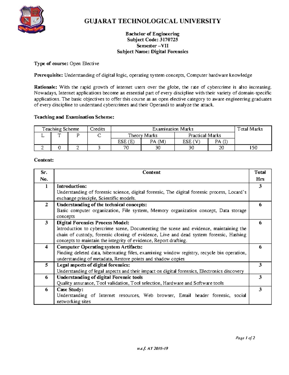 Syllabus for Digital Forensics (3170725) - Open Elective Course - Studocu