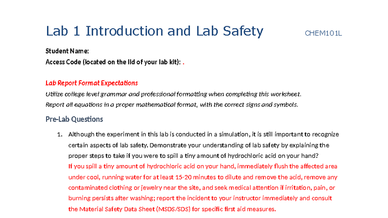 CHEM101L Lab 1: Introduction to Lab Safety and Procedures - Studocu
