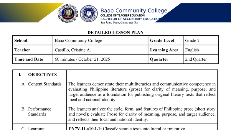 DLP - Figurative Language Lesson Plan for Grade 7 English - Studocu