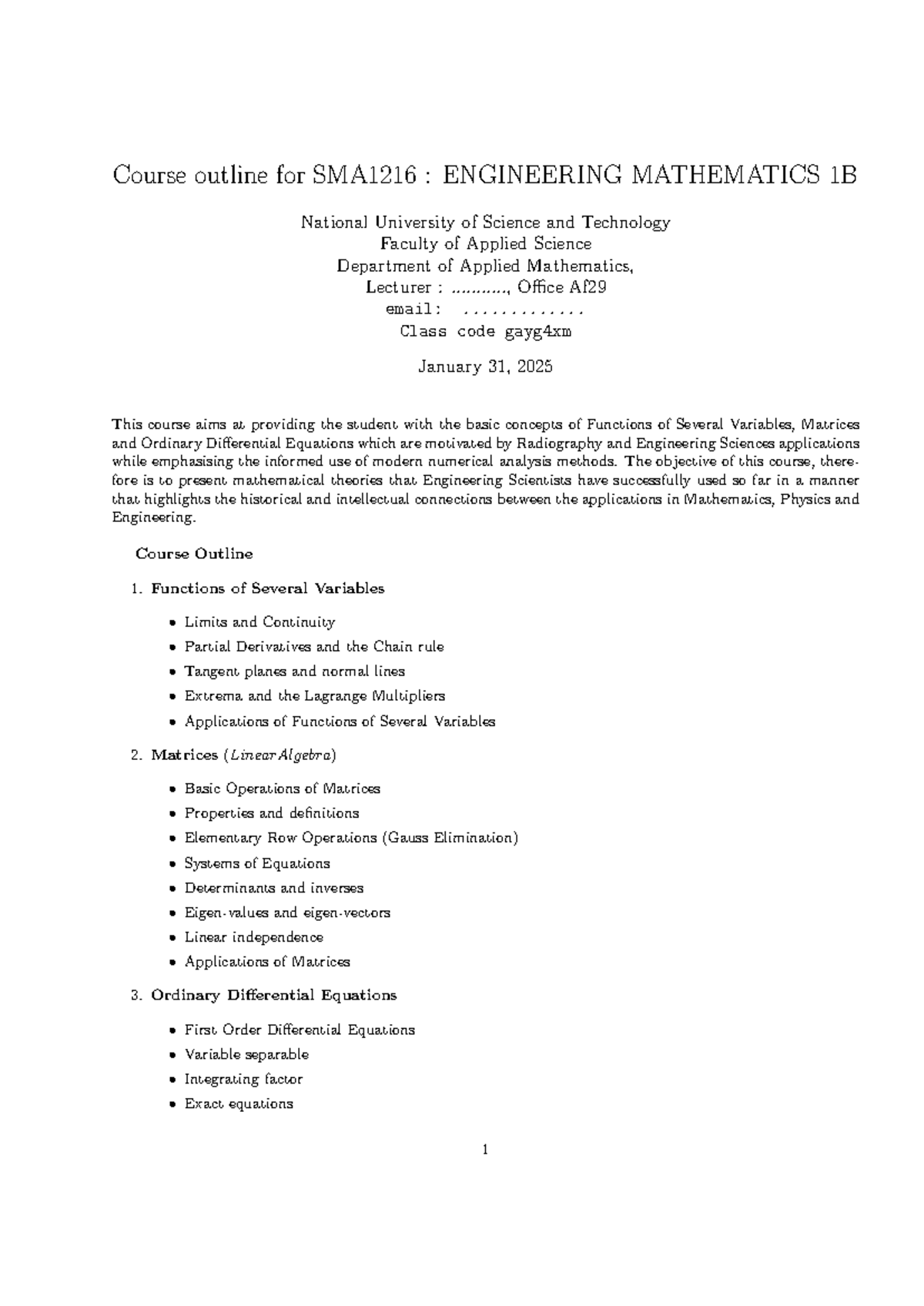 SMA1216 Course Outline: Engineering Mathematics 1B Summary - Studocu