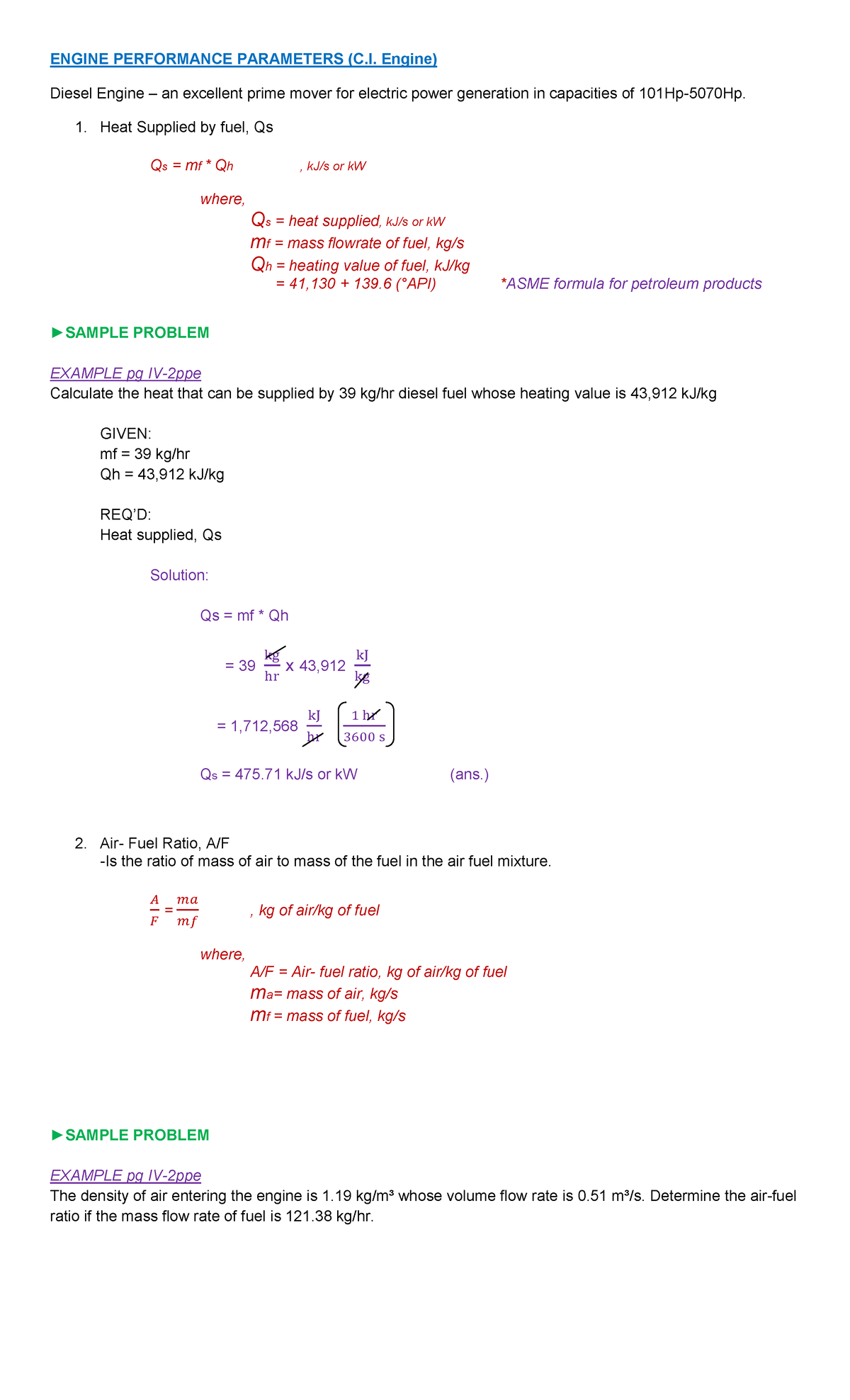 PPT#7: Engine Performance Parameters with Sample Problems (C.I. Engine ...