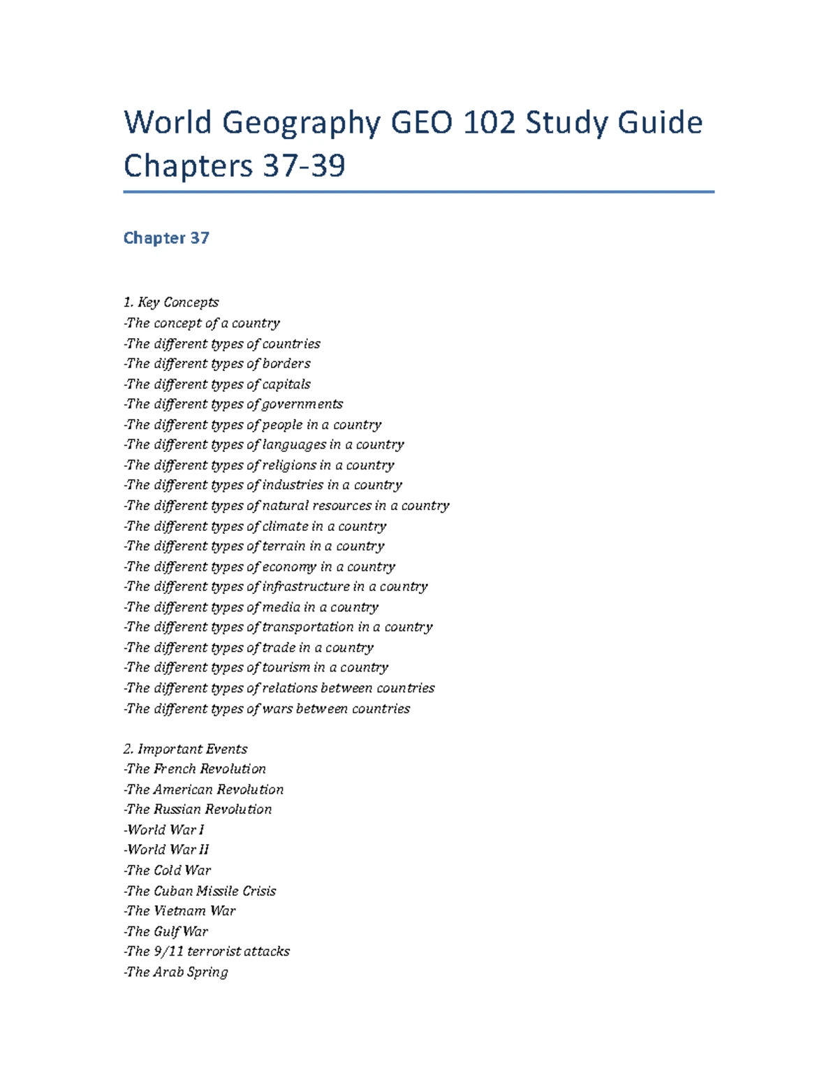 World Geography GEO 102 Study Guide Chapters 25-27 - World Geography ...