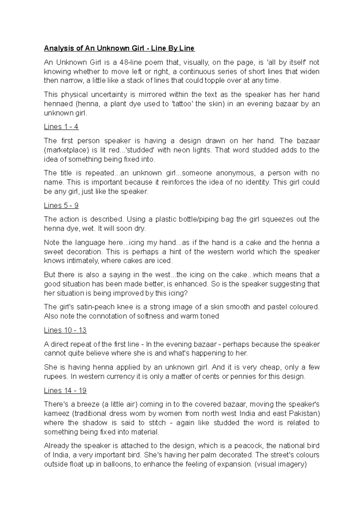 Line-by-Line Analysis of "An Unknown Girl" by Moniza Alvi - Studocu