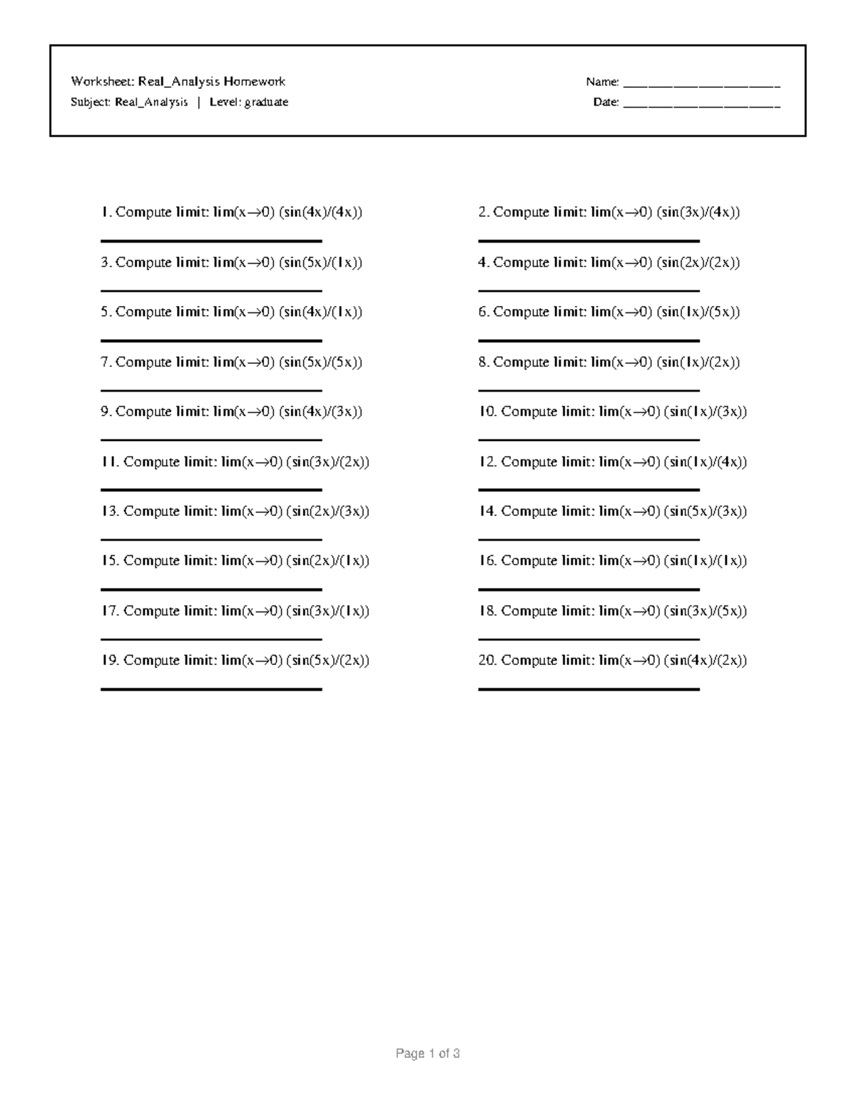Real Analysis (Grad) - Homework 1 Worksheet & Answer Key - Studocu
