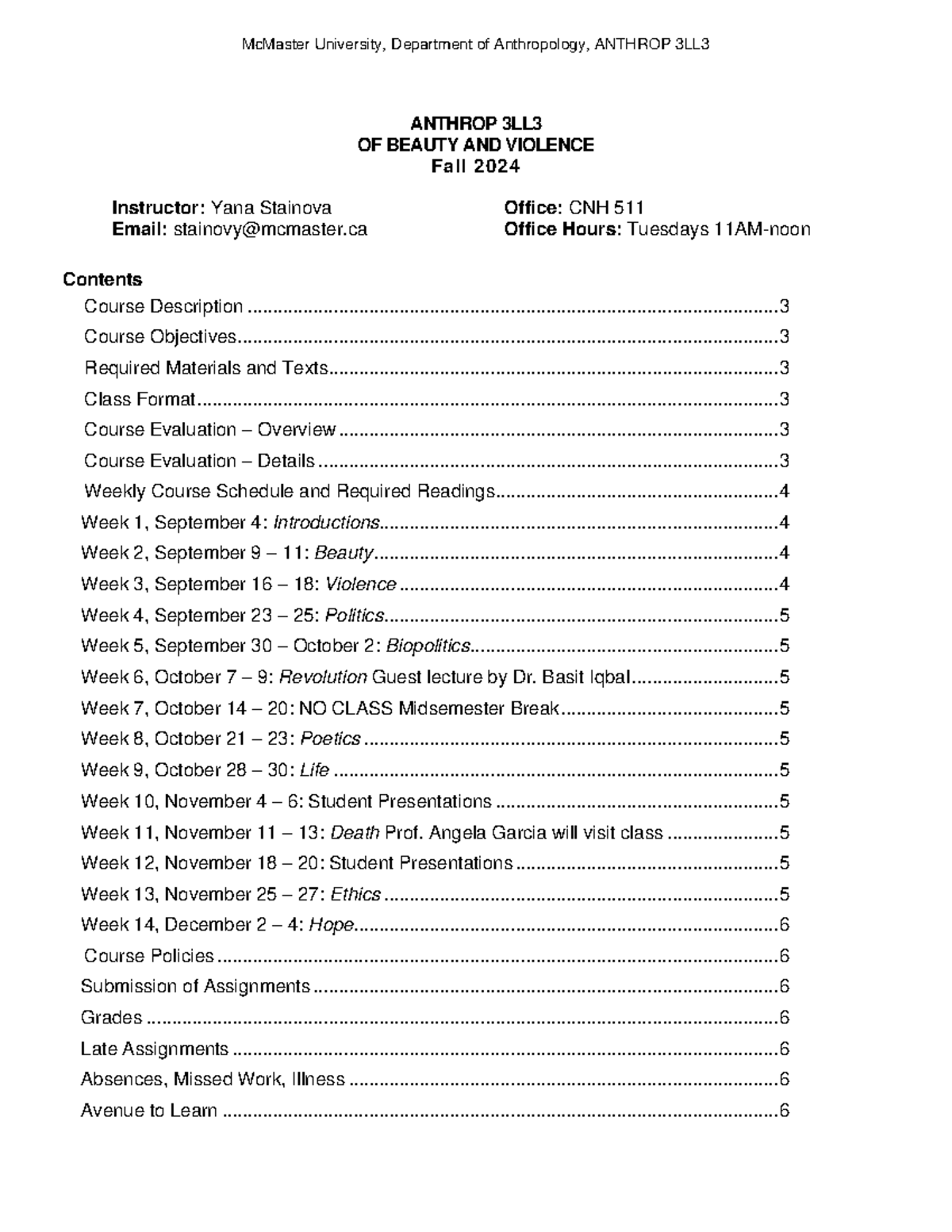 ANTHROP 3LL3 Syllabus: Beauty & Violence Course Overview 2024 - Studocu
