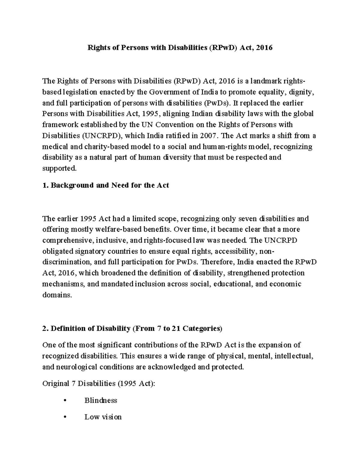 RPwD Act, 2016: Empowering Persons with Disabilities in India - Studocu