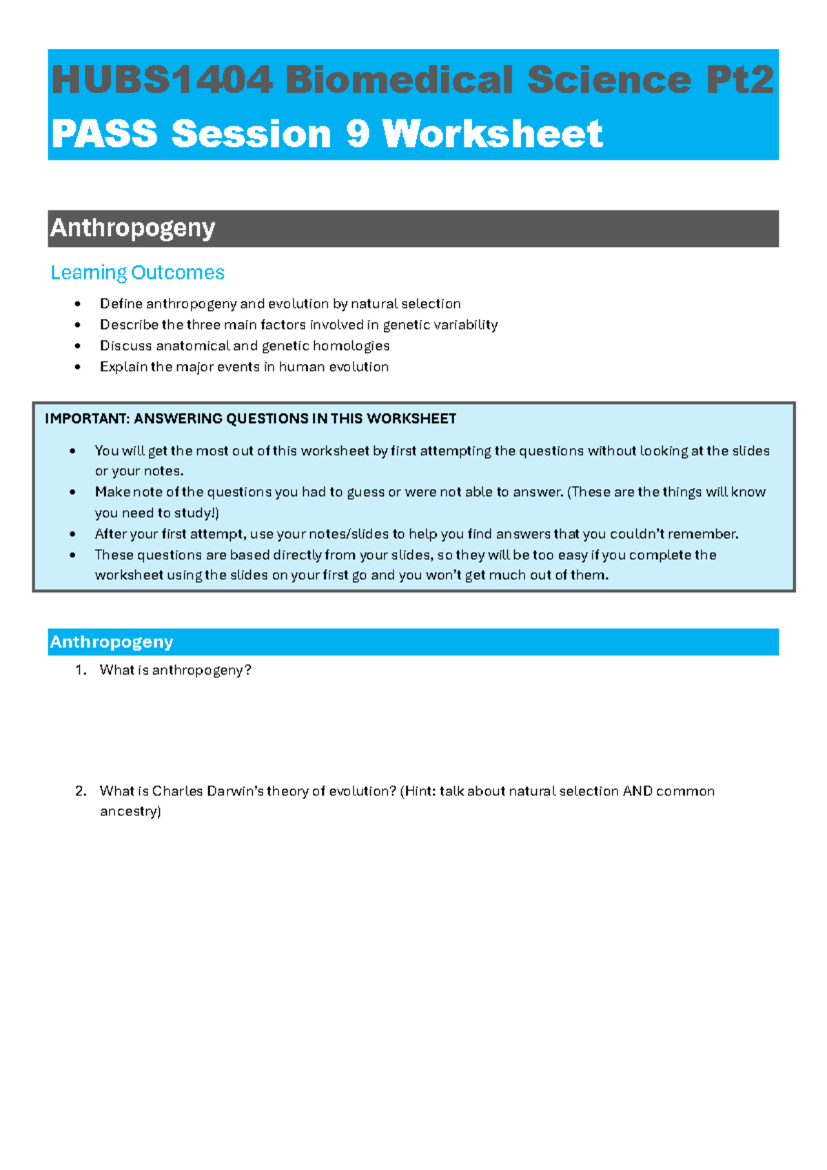 HUBS1404 Biomedical Science Pt2 PASS Session 9 Worksheet on ...