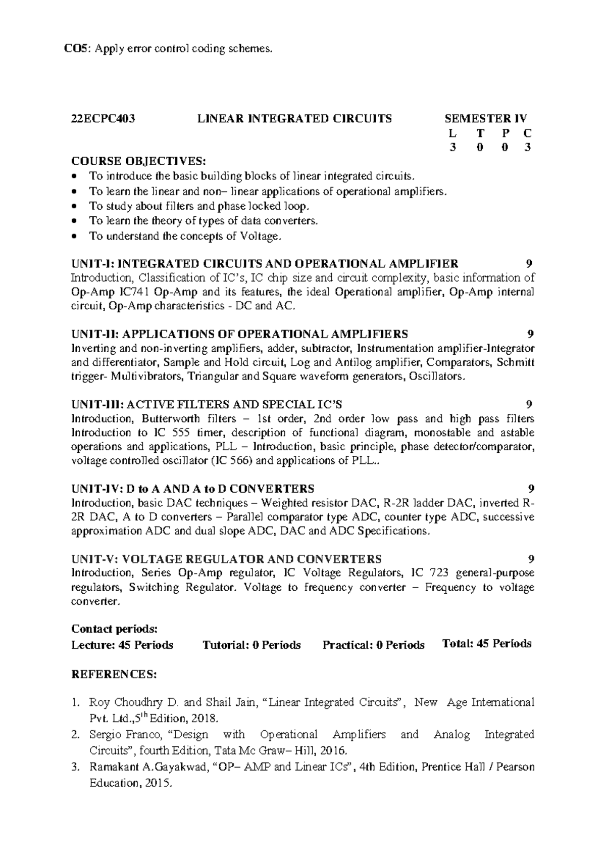 22ECPC403 Linear Integrated Circuits Syllabus Overview - Studocu