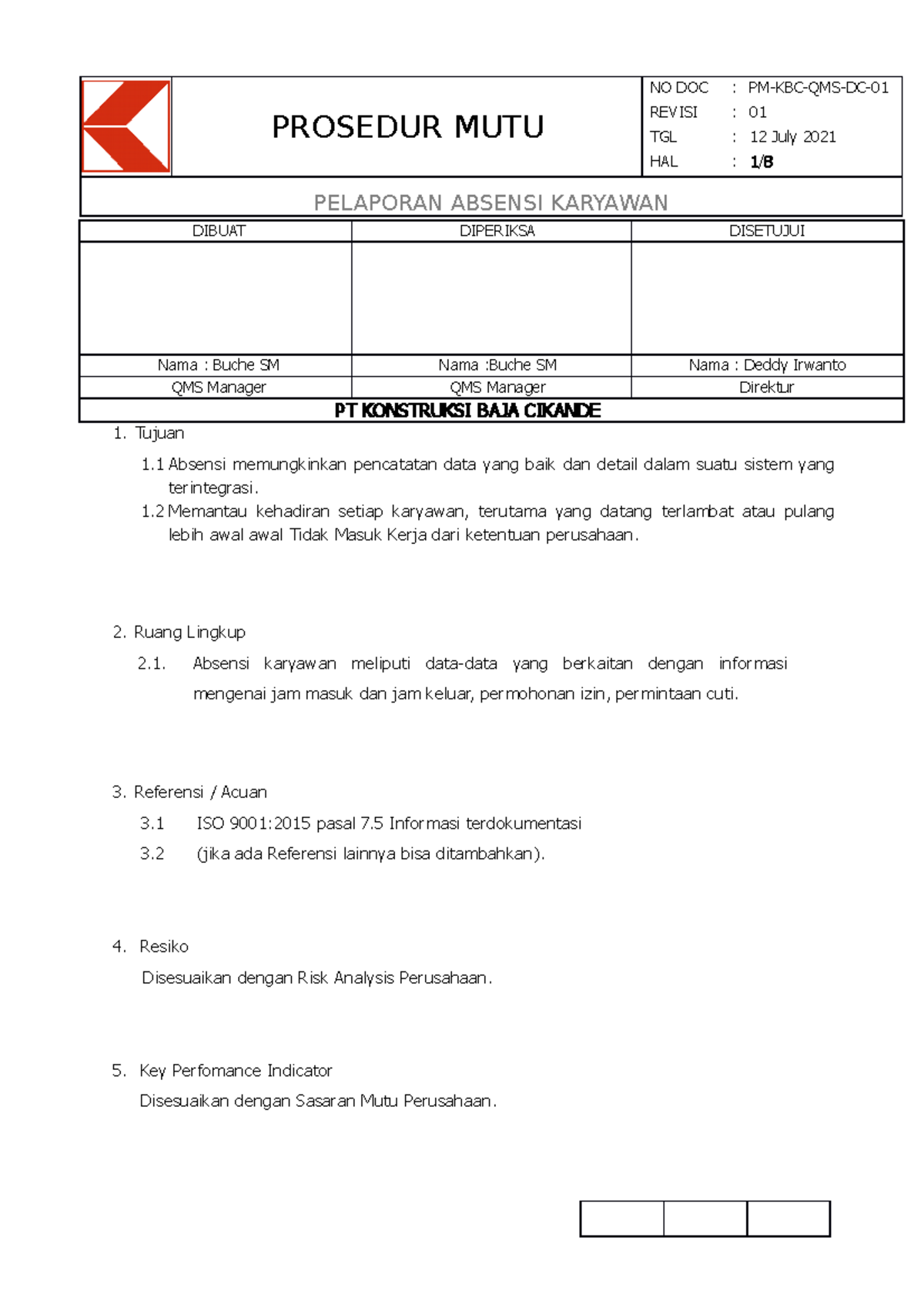 SOP Absensi Karyawan 1 - Prosedur Pelaporan dan Pengelolaan - Studocu