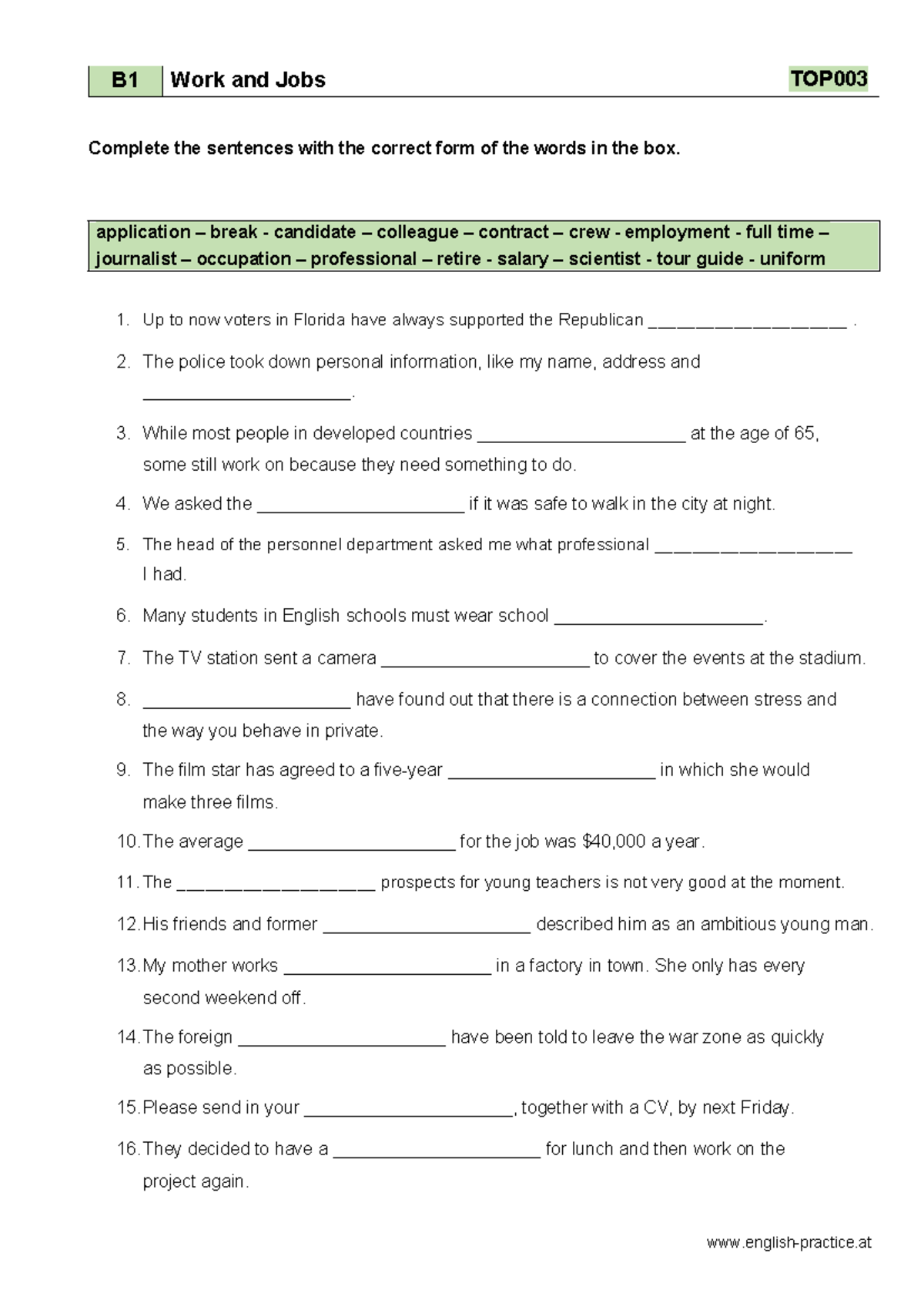 B1 TOP003 Vocabulary on Jobs and Professions - Fill in the Blanks - Studocu