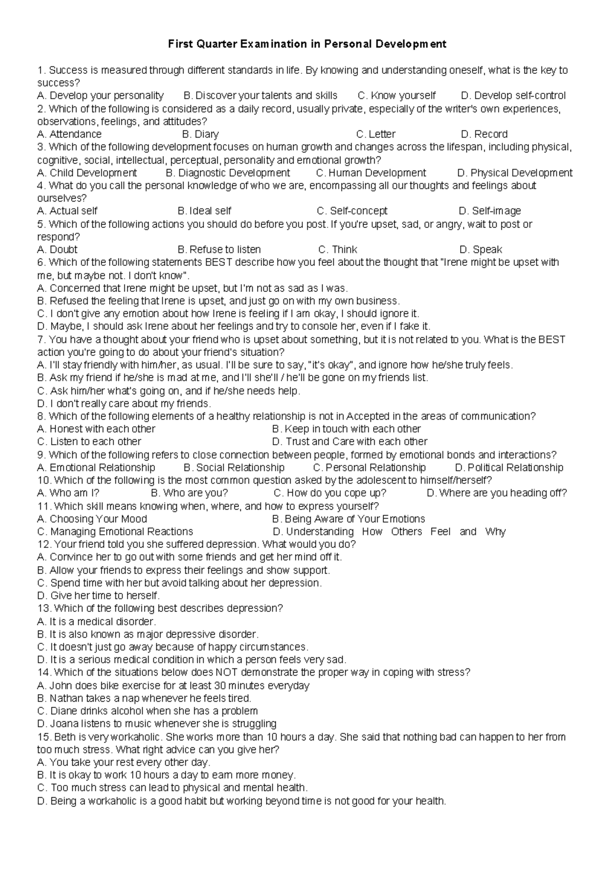 First Quarter Exam in Personal Development 1: Key Concepts and ...