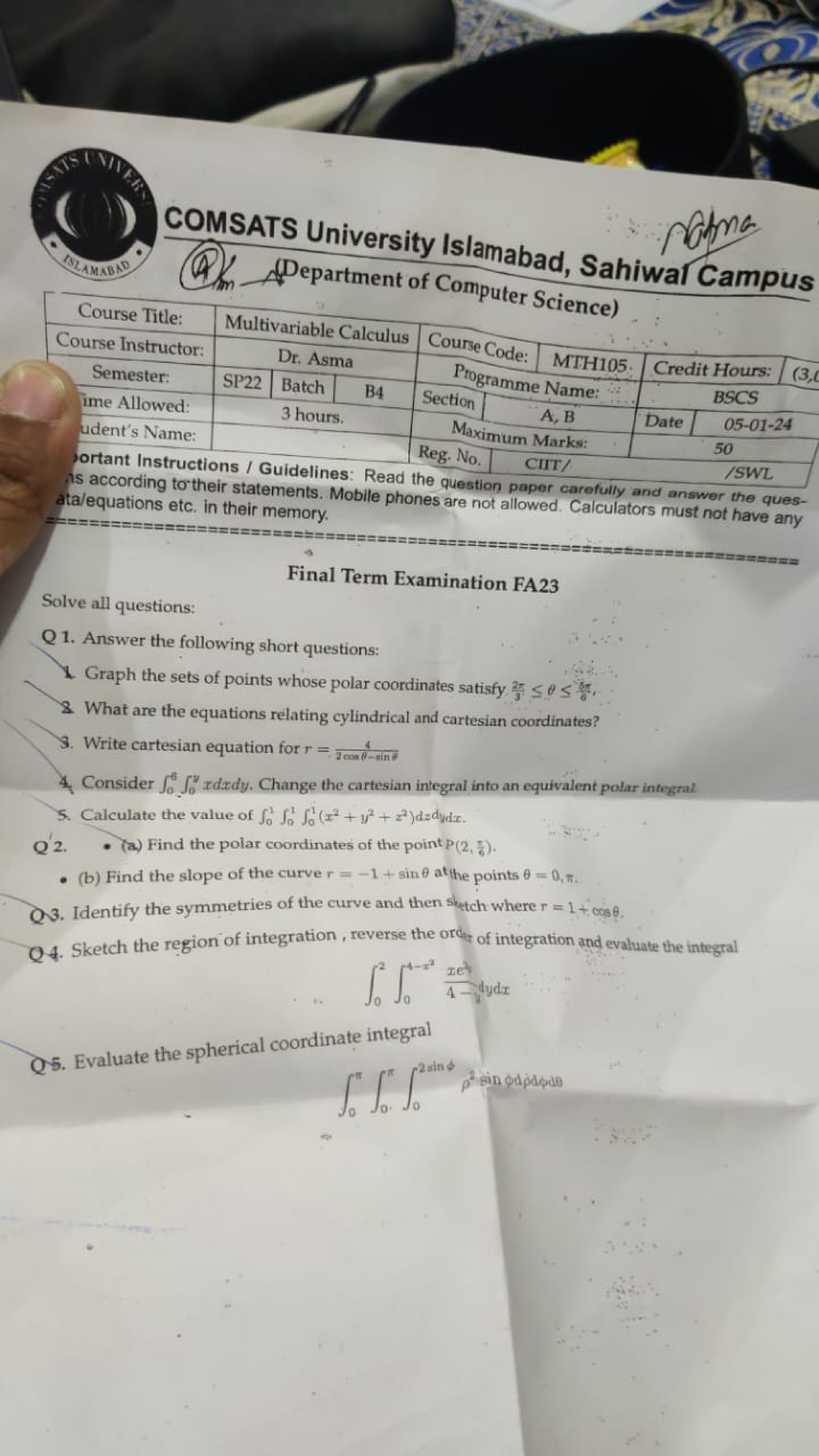 Final Term Exam Multivariable Calculus Mth105 Past Paper Fa23 Studocu