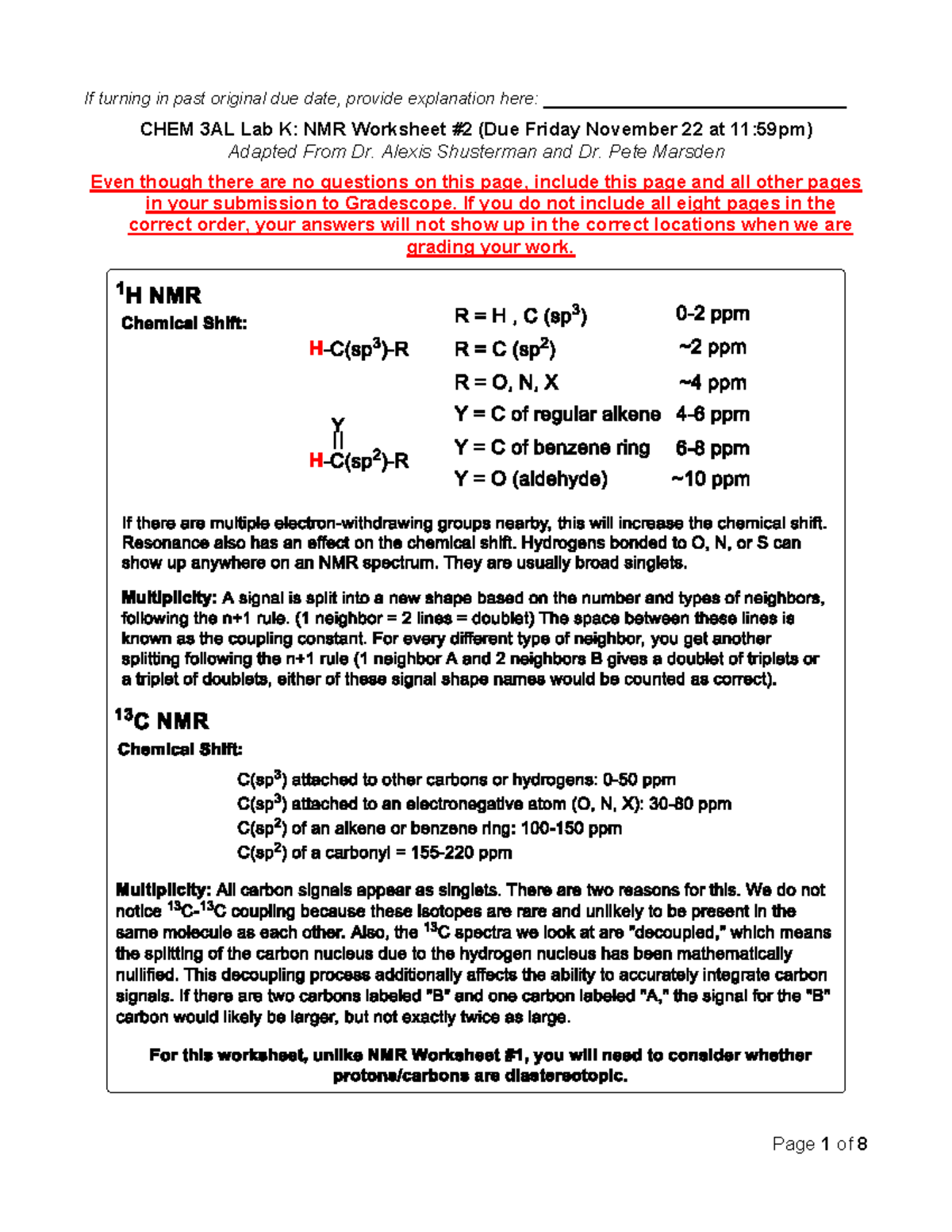 CHEM 3AL Lab K: NMR Worksheet #2 - Hydrogen and Carbon Labeling Guide - Studocu