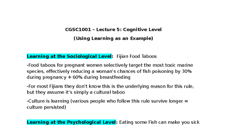 CGSC1001 - Lecture 5: Cognitive Learning Levels Explained - Studocu