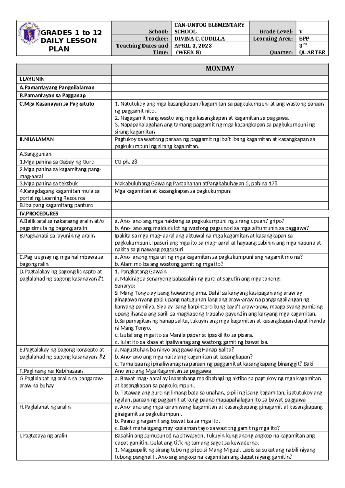 830414583 Daily Lesson Plan for EPP Grade 5 - Week 8 - Studocu