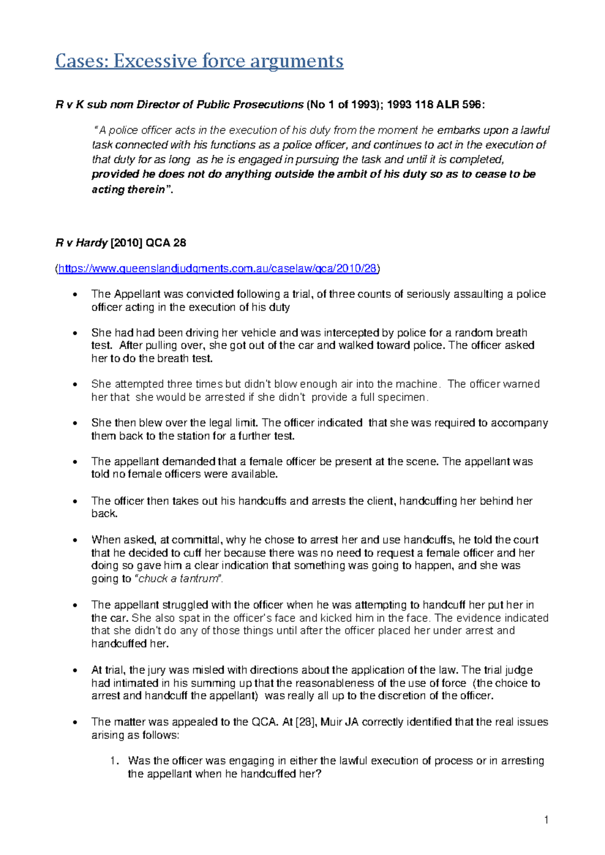Case Notes: Excessive Force Arguments in R v K & Related Cases - Studocu