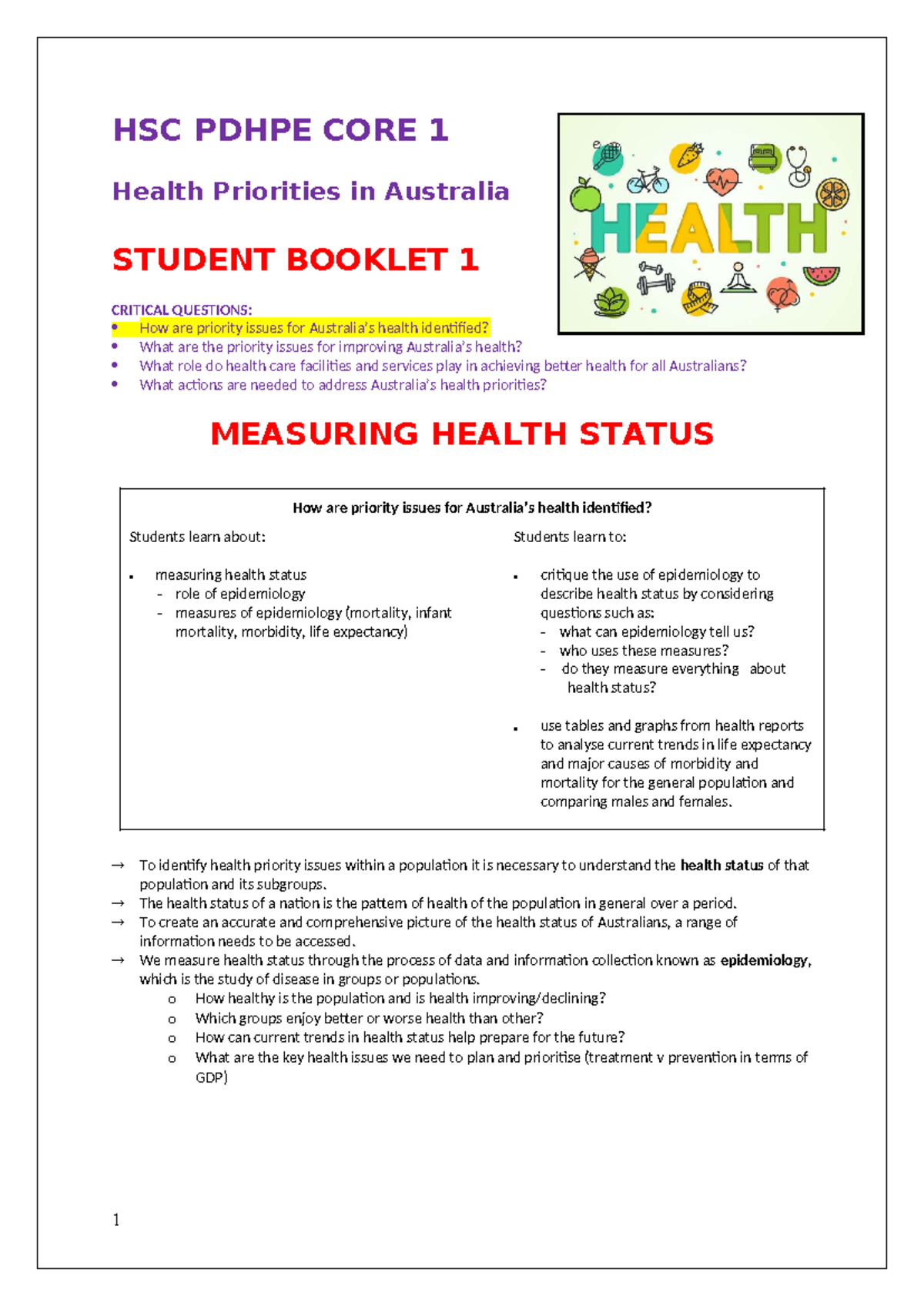 HSC PDHPE CORE 1: Identifying Health Priorities in Australia - Studocu
