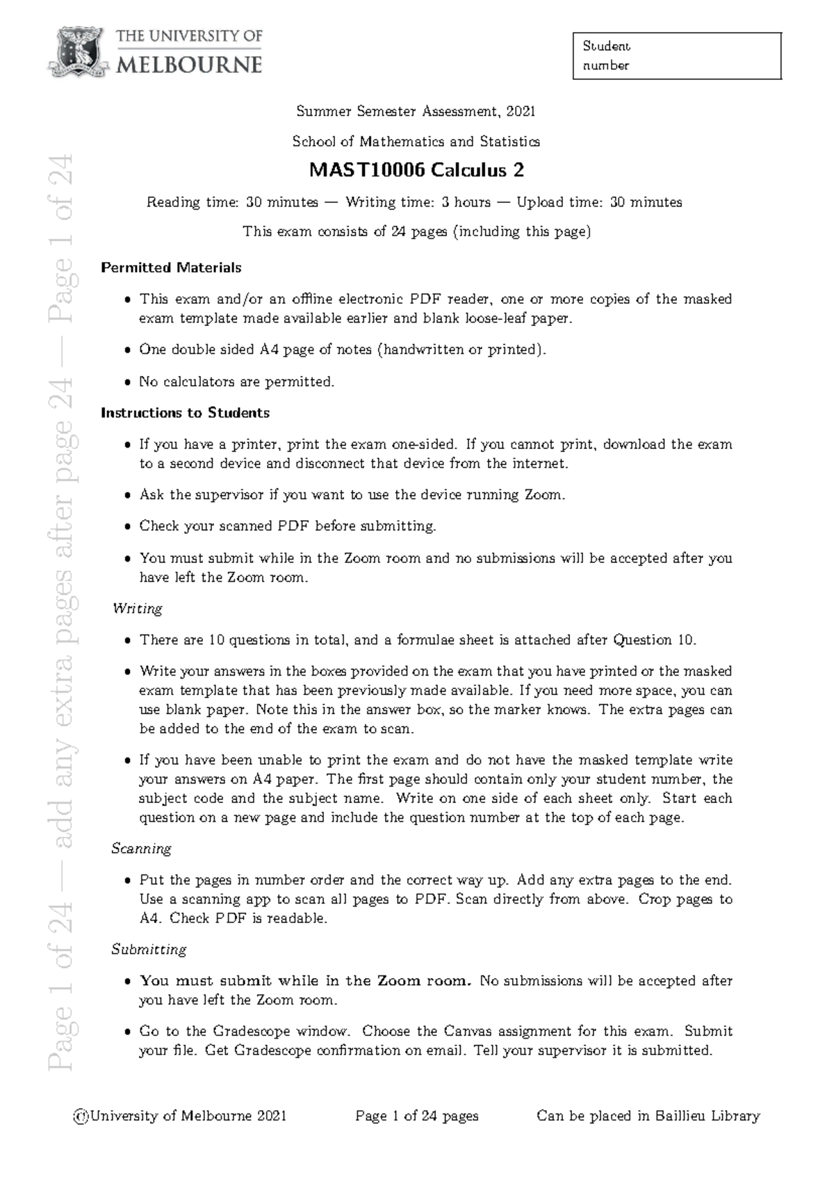 MAST10006 exam 2021 Summer - MAST10006 - Melbourne - Studocu
