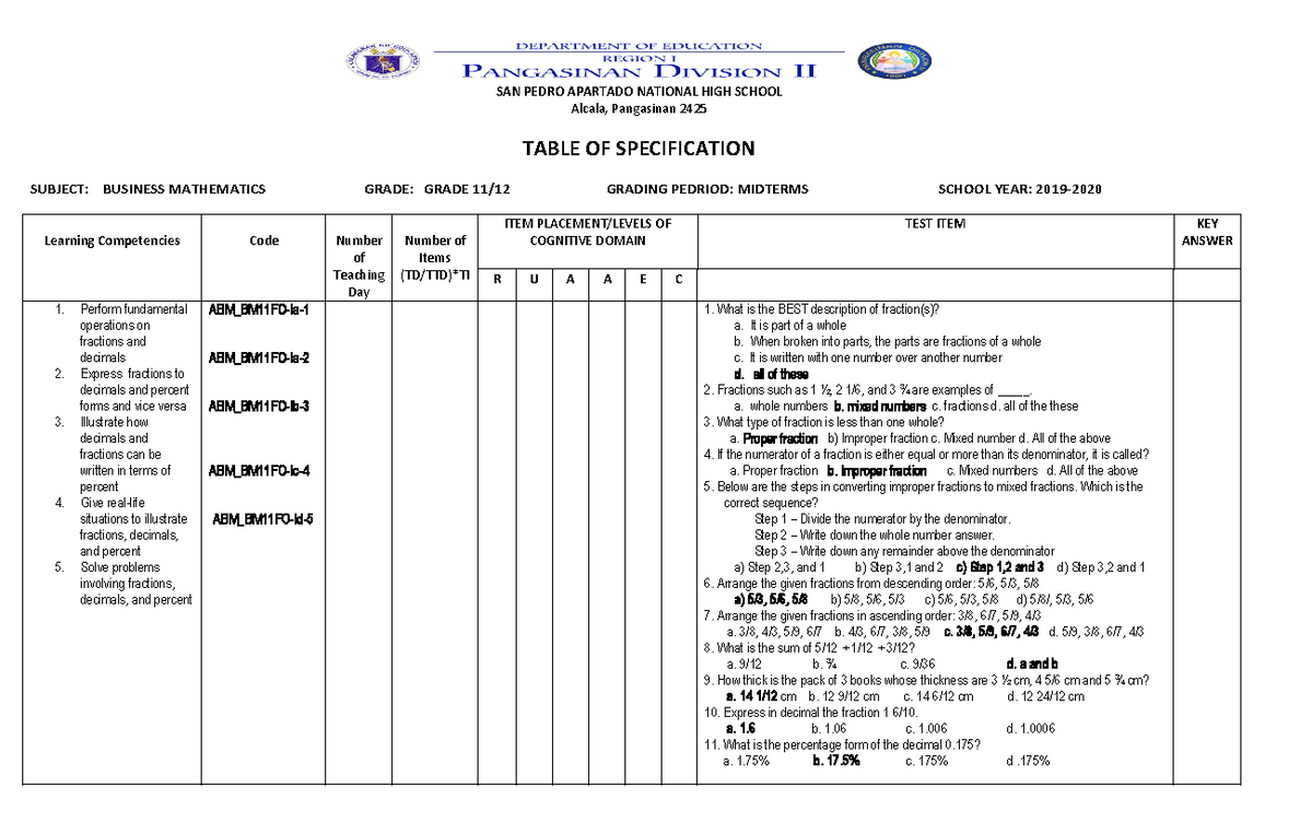 ABM Business Math Midterm Exam Review for Grades 11/12 - Studocu