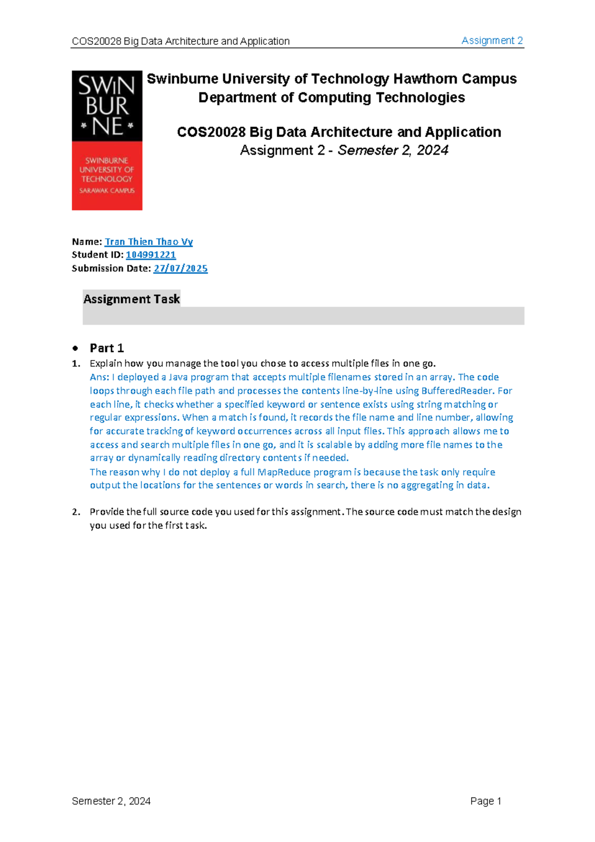 COS20028 Big Data Architecture Assignment 2 - Java Program Implementation - Studocu
