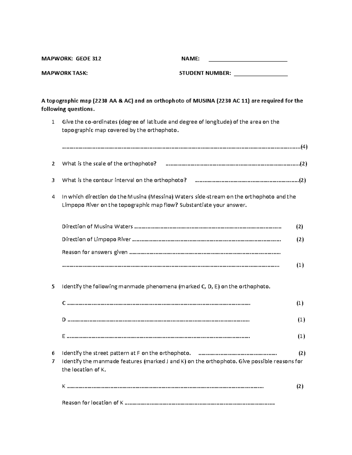 Mapwork Task for GEOE 312: Topographic & Orthophoto Analysis - Studocu