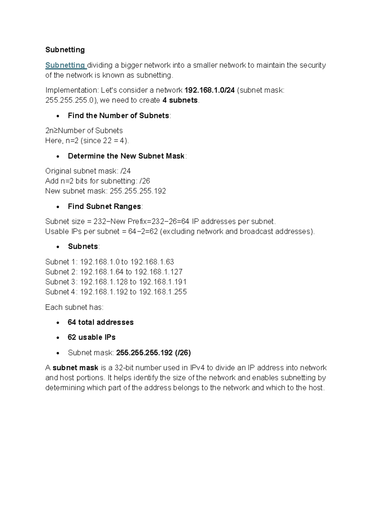 Subnetting Guide: Implementing IP Subnetting (CS101) - Studocu
