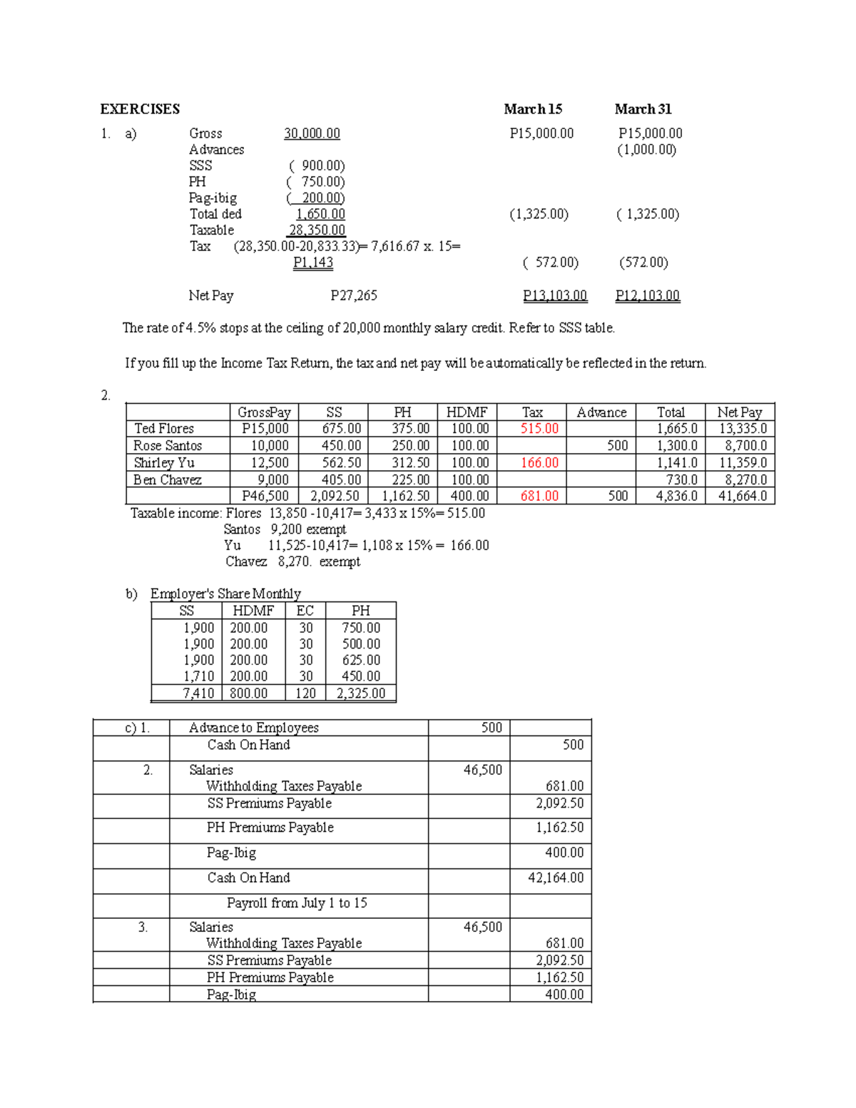 Payroll Exercises - Detailed Calculations and Tax Breakdown - Studocu