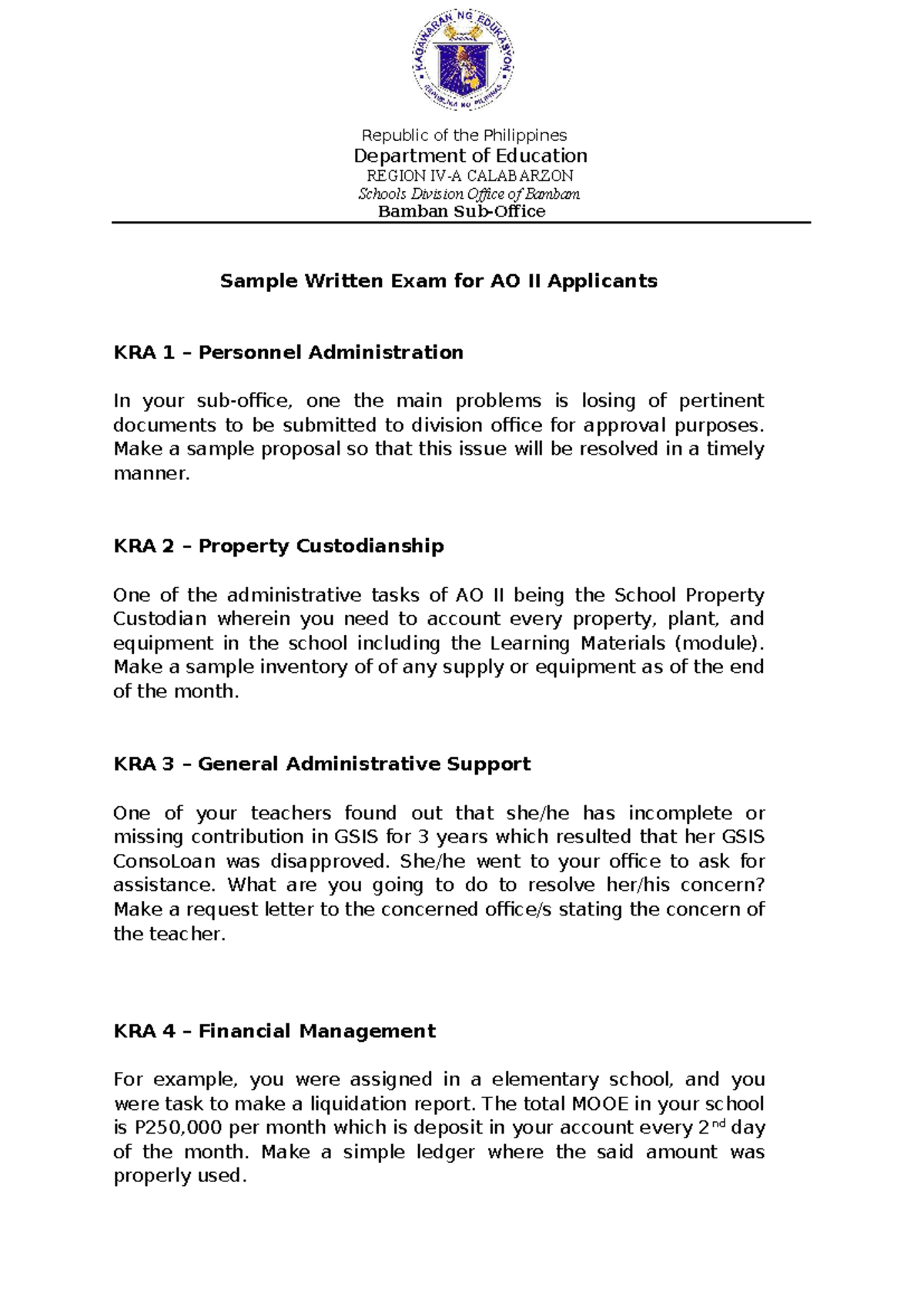 Sample Written Exam for AO II Applicants - KRA 1 to KRA 4 - Studocu