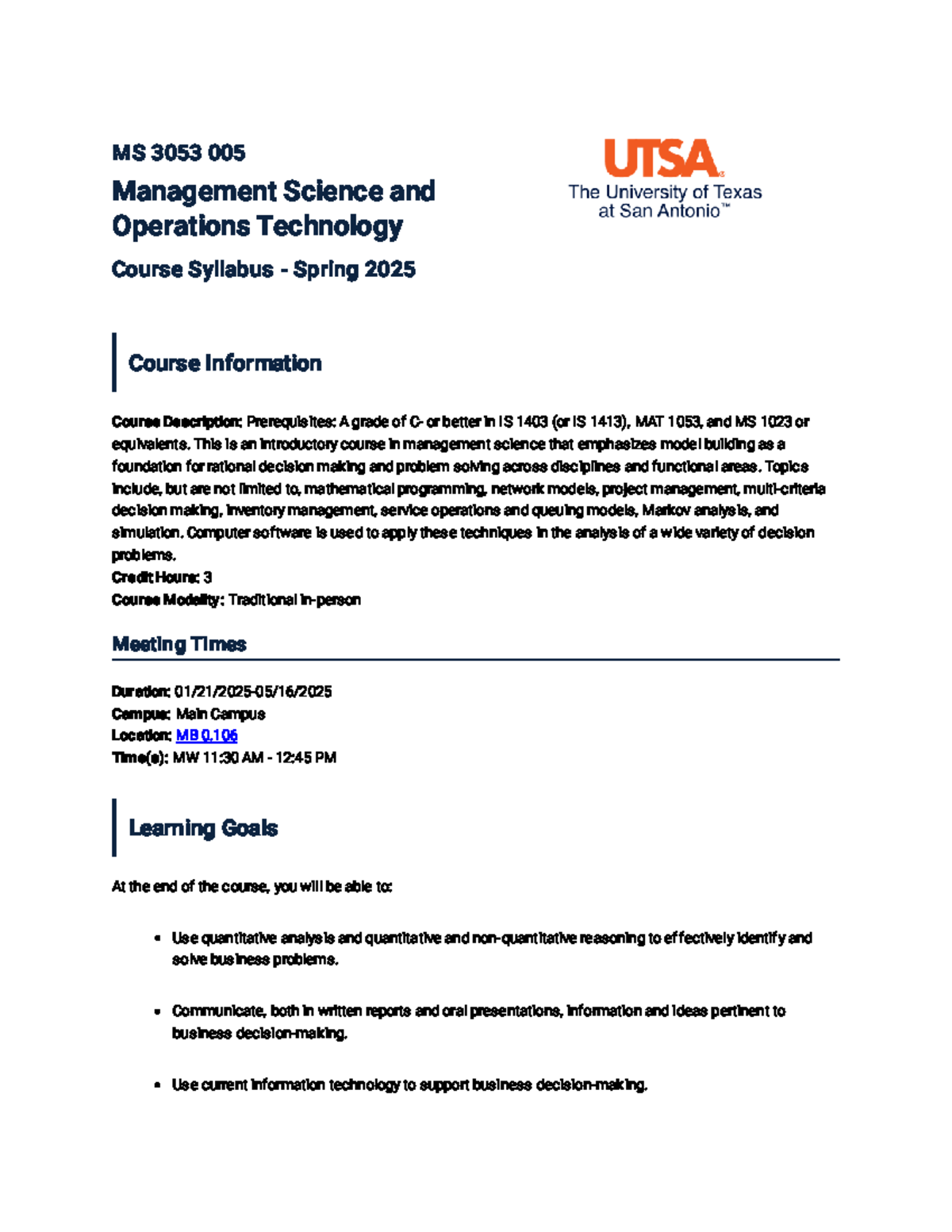 Spring 2025 MS 3053 005 Management Science & Operations Tech Syllabus ...