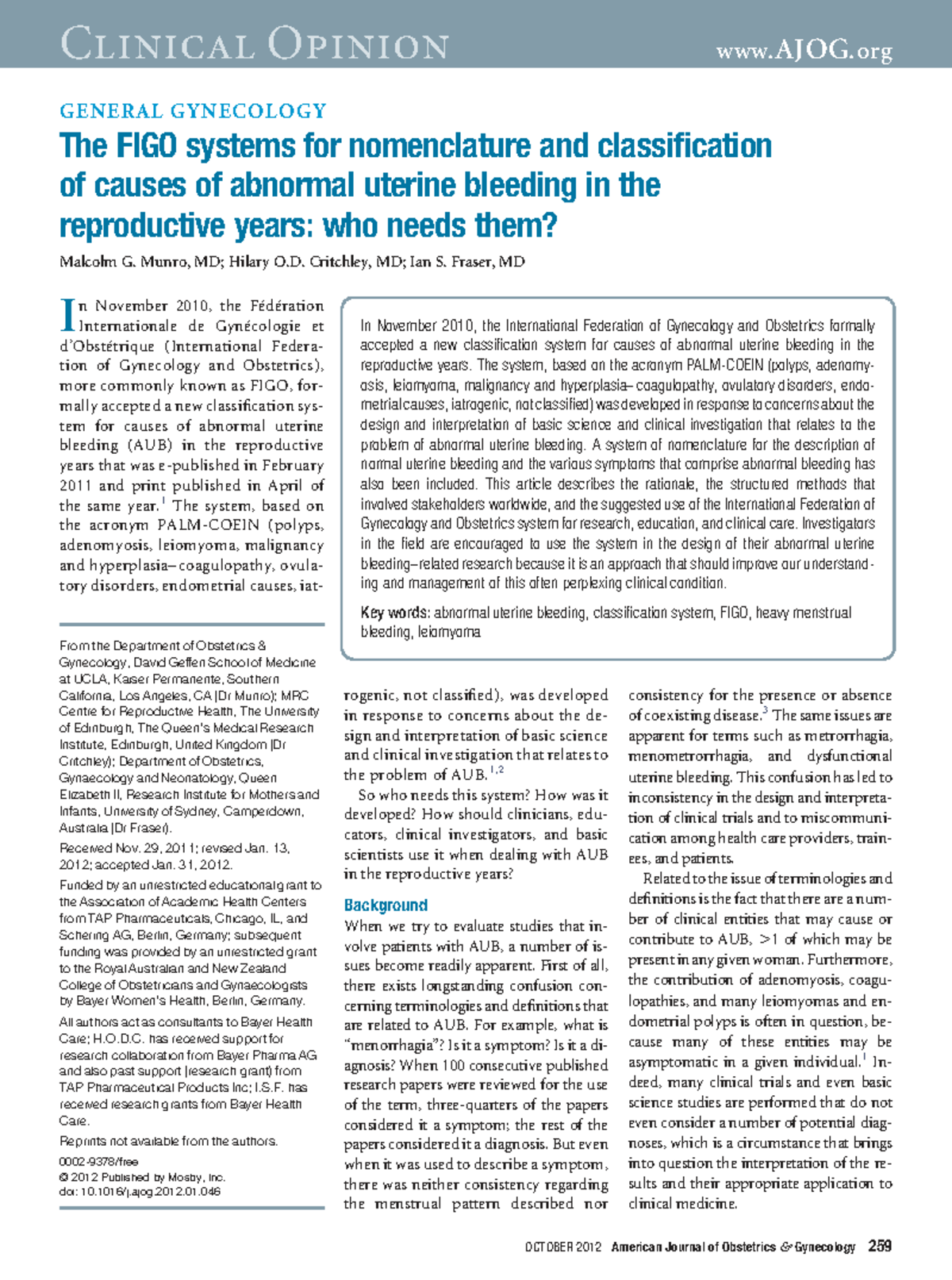 FIGO Classification System for Abnormal Uterine Bleeding: A Clinical ...