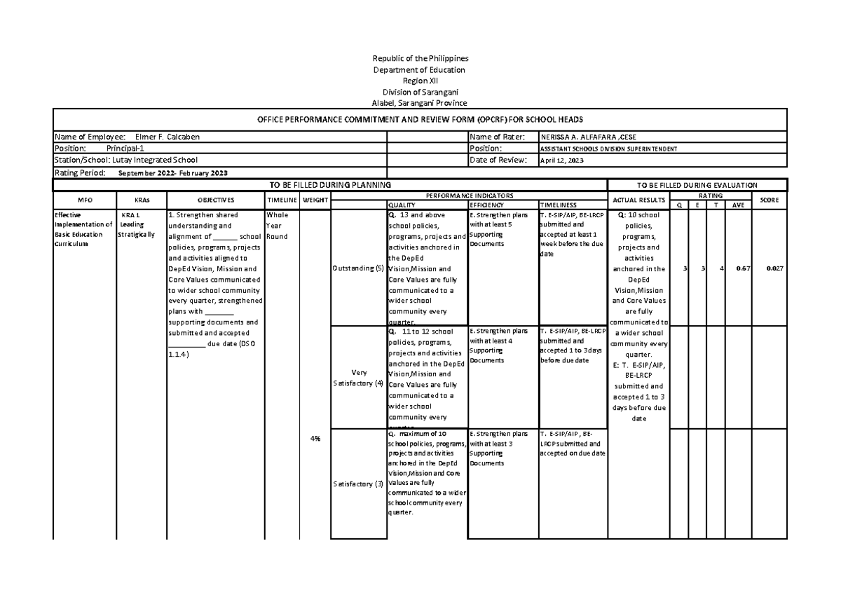 OPCRF Template for School Heads Mid-Year Review SY 2022-2023 - Studocu