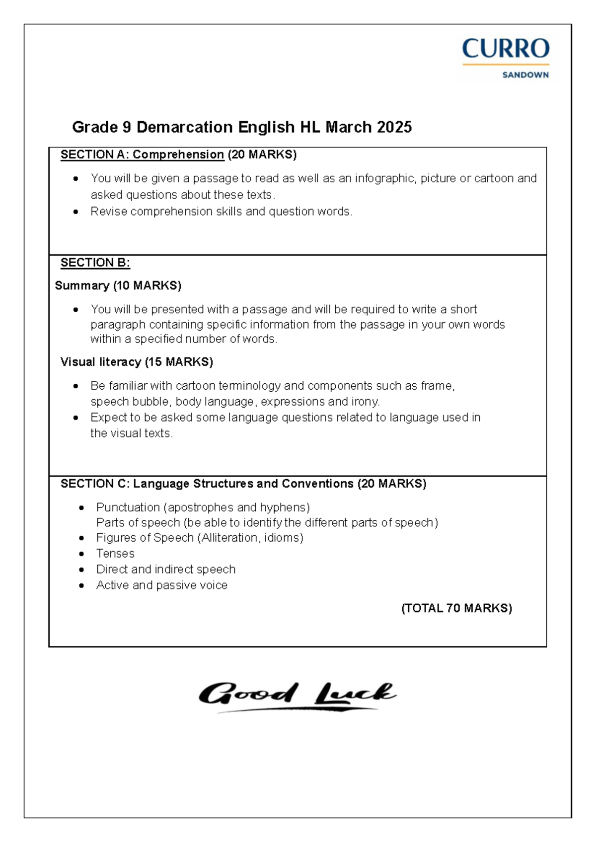 GR 9 English HL Term 1 Demarcation Exam March 2025 - Studocu