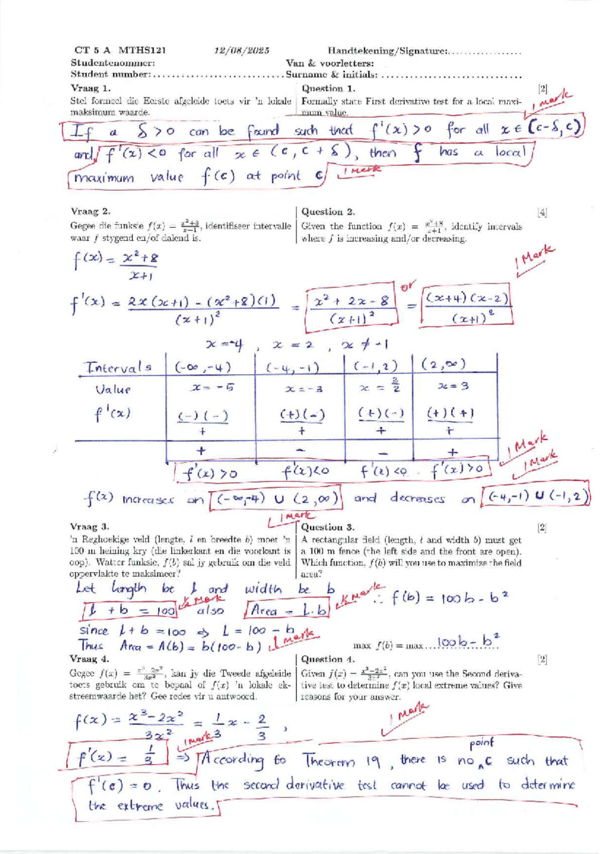 MTHS121 CT5 Memo - First Derivative and Optimization Questions - Studocu