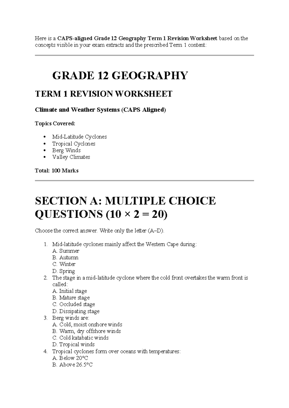 GRADE 12 GEOGRAPHY TERM 1 REVISION WORKSHEET: Climate & Weather Systems ...