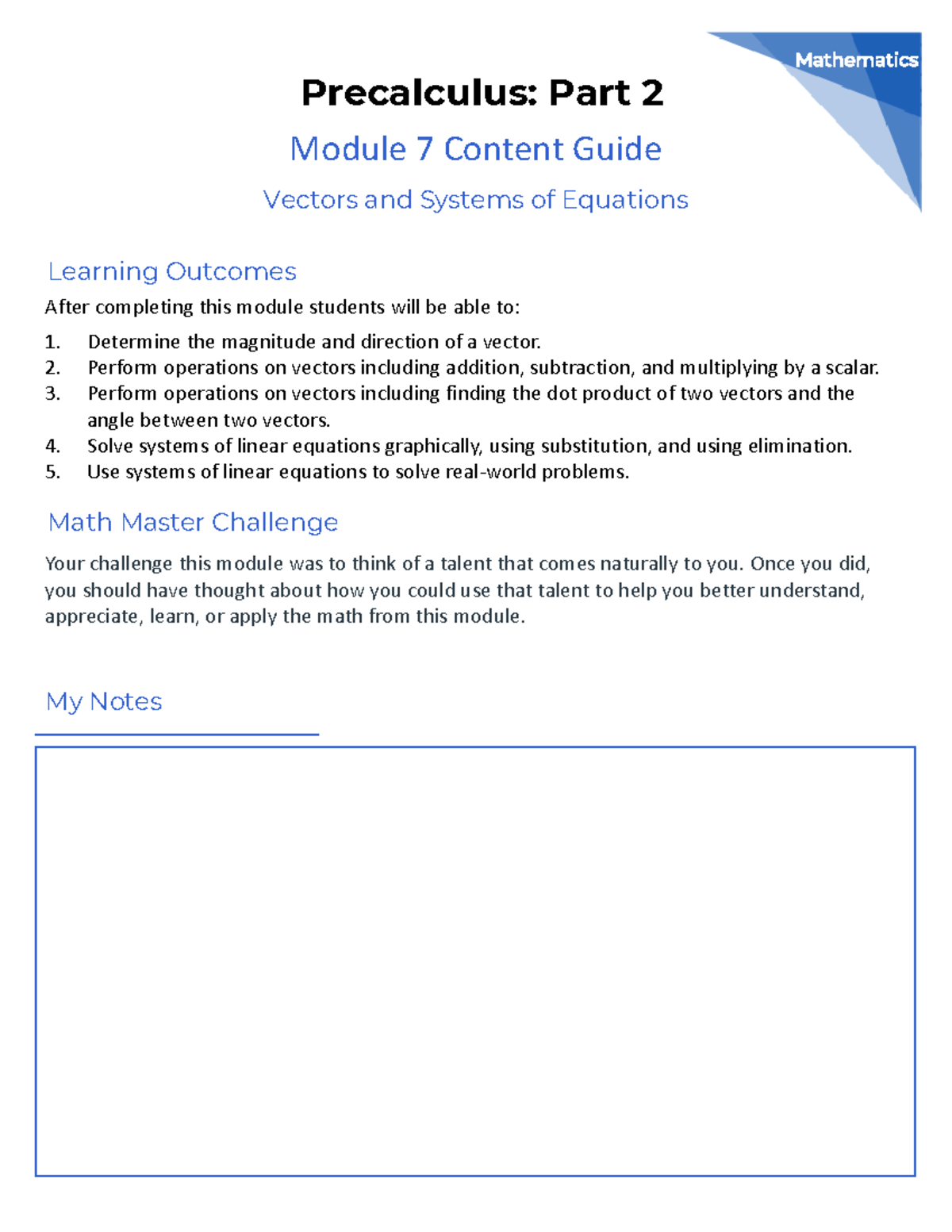 Precalculus M7: Vectors & Systems of Equations Content Guide - Studocu