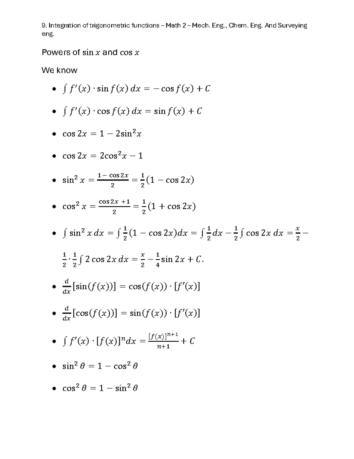 Math 2: Integration of Trigonometric Functions for Eng. Students - Studocu