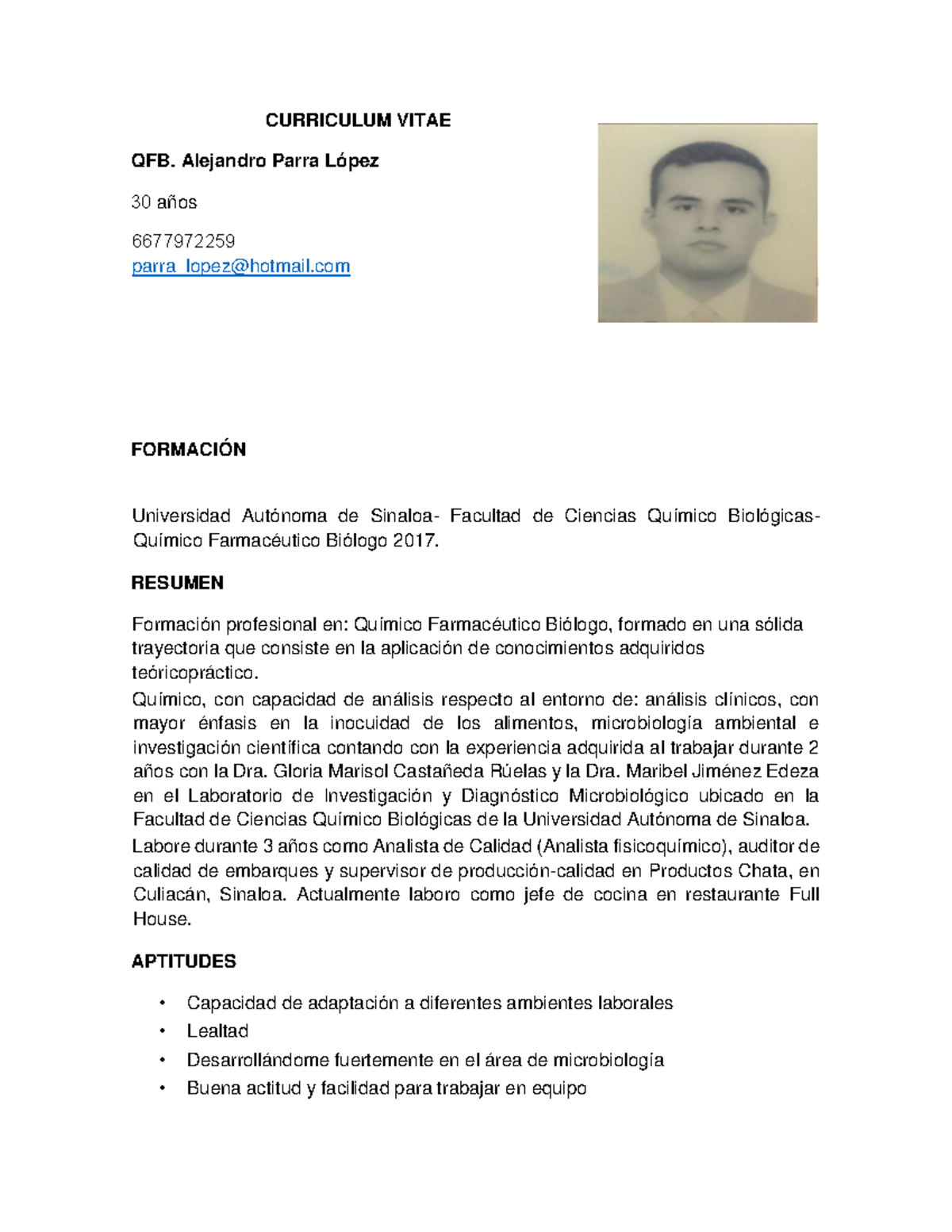 CV alejandro 2023 - CV viatae editble - CURRICULUM VITAE QFB. Alejandro Parra López 30 años ...