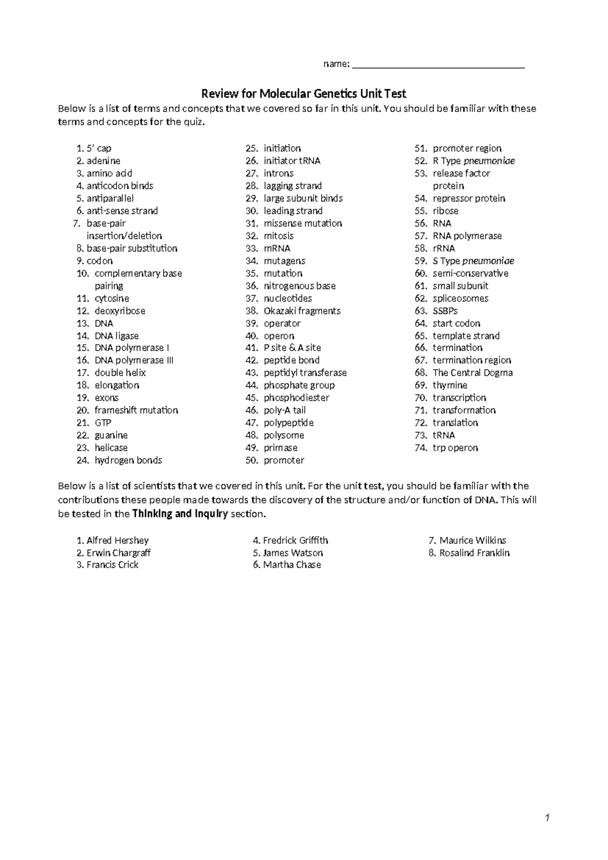Molecular Genetics Review - name ...