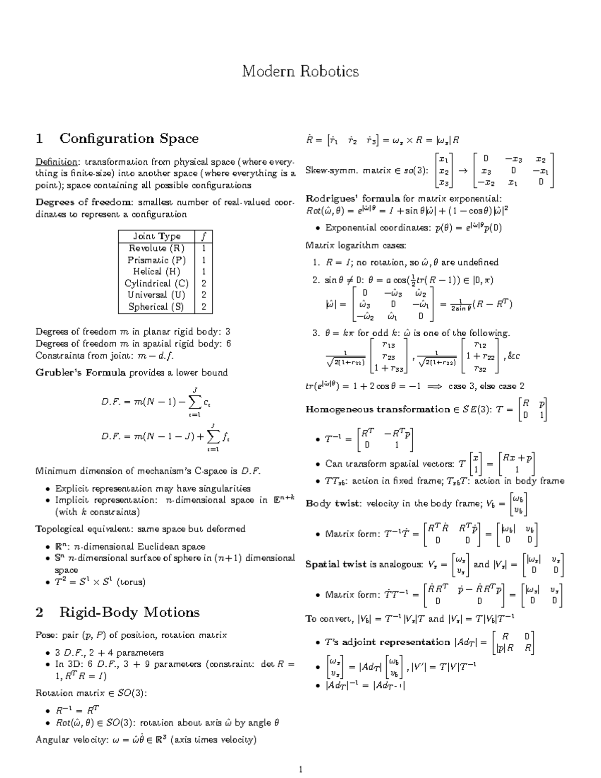 Robotics - Midterm Review: Configuration Space and Transformations - Studocu