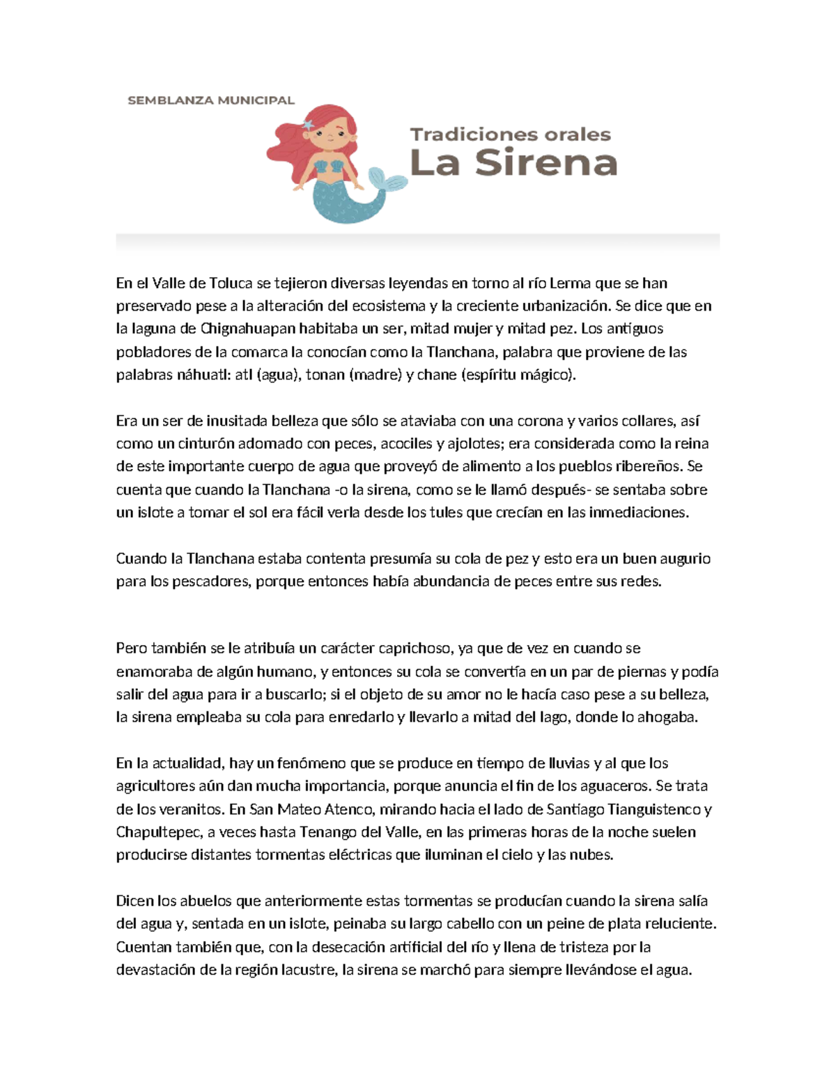 Leyendas del Río Lerma y la Tlanchana en el Valle de Toluca - Studocu